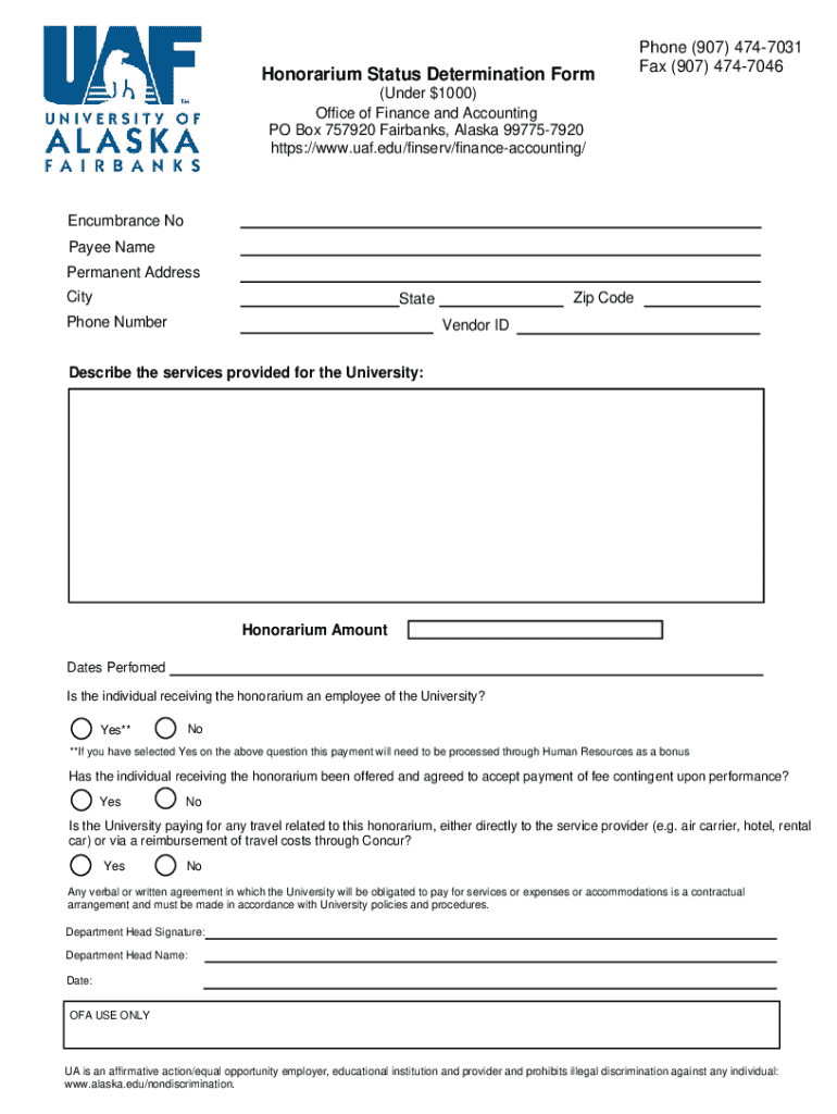 Fillable Online Honorarium Status Determination Form Fax Email Print - pdfFiller