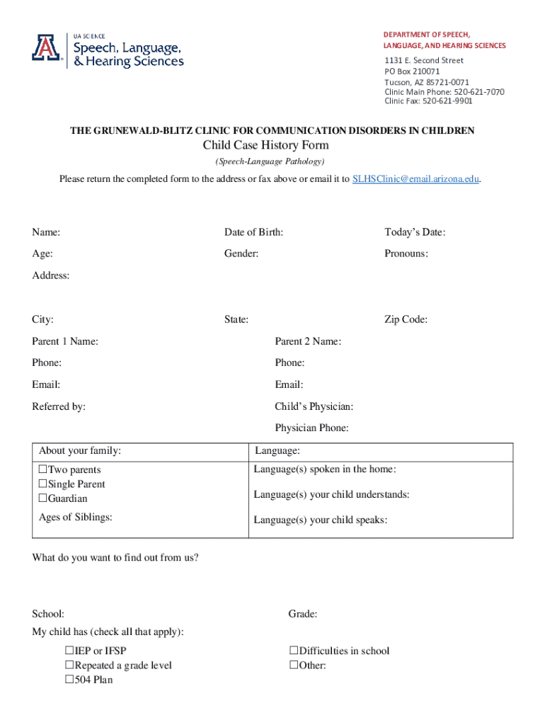 Fillable Online Child Case History Form (speech-language Pathology) Fax ...
