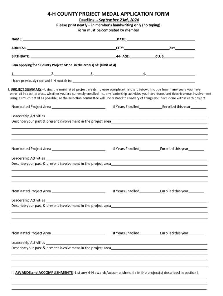 Fillable Online 4-h County Project Medal Application Fax Email Print ...