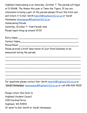 Fillable Online Highland Homecoming Parade Entry Form Fax Email Print ...