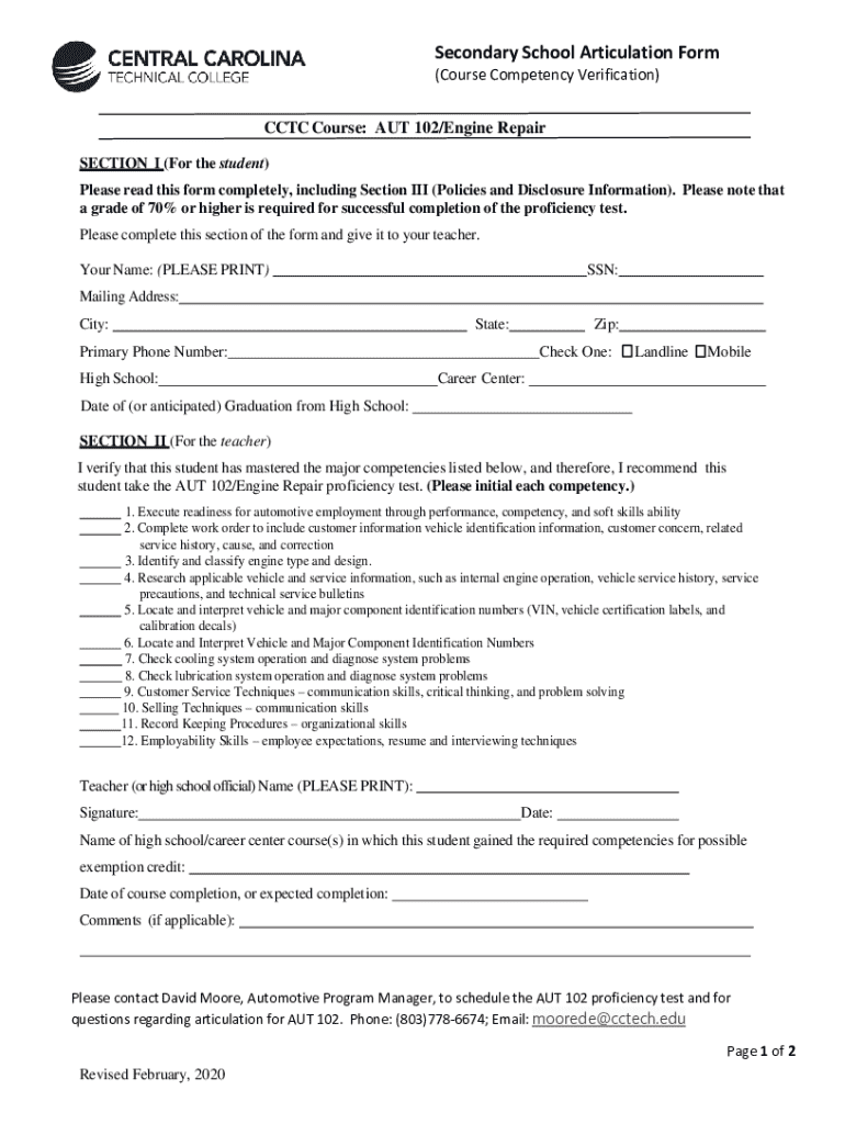 Fillable Online Secondary School Articulation Form (course Competency ...