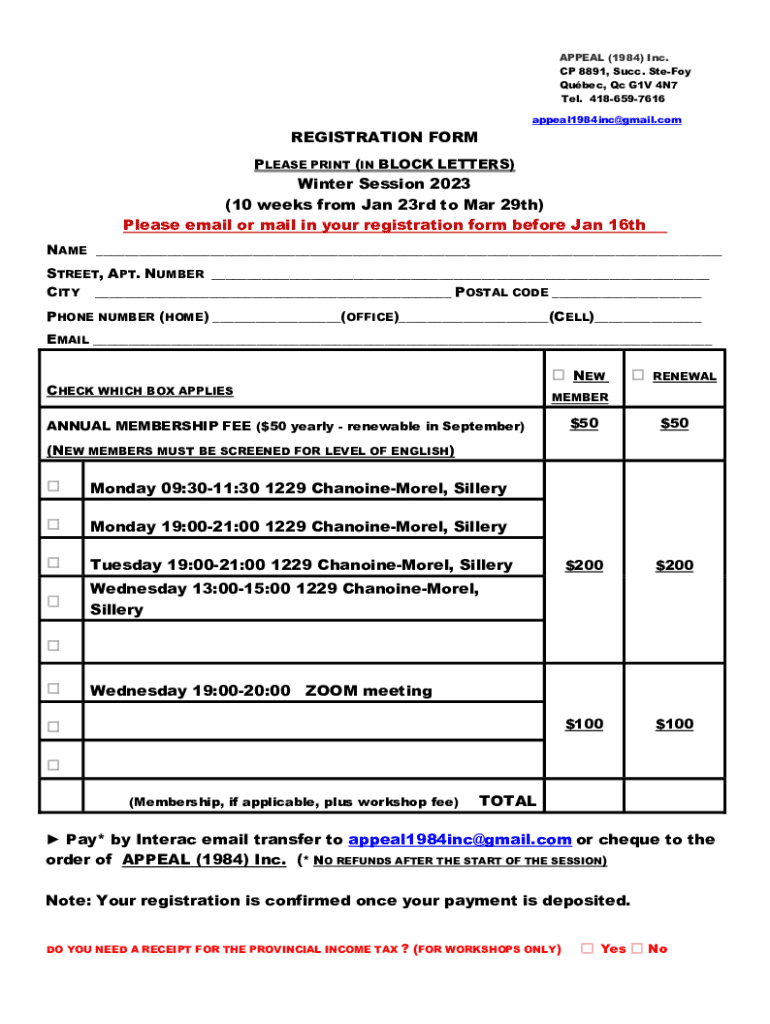 Fillable Online Winter Session 2023 Registration Form Fax Email Print ...