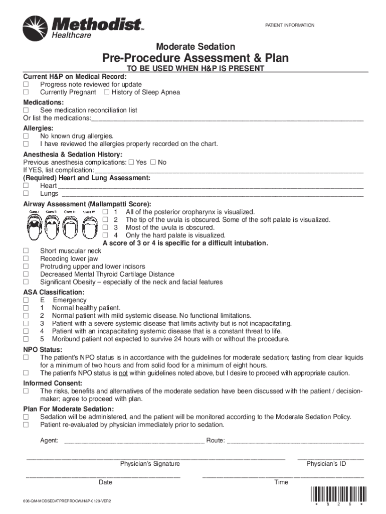 Moderate Sedation Pre-procedure Assessment and Plan: Fill out & sign ...