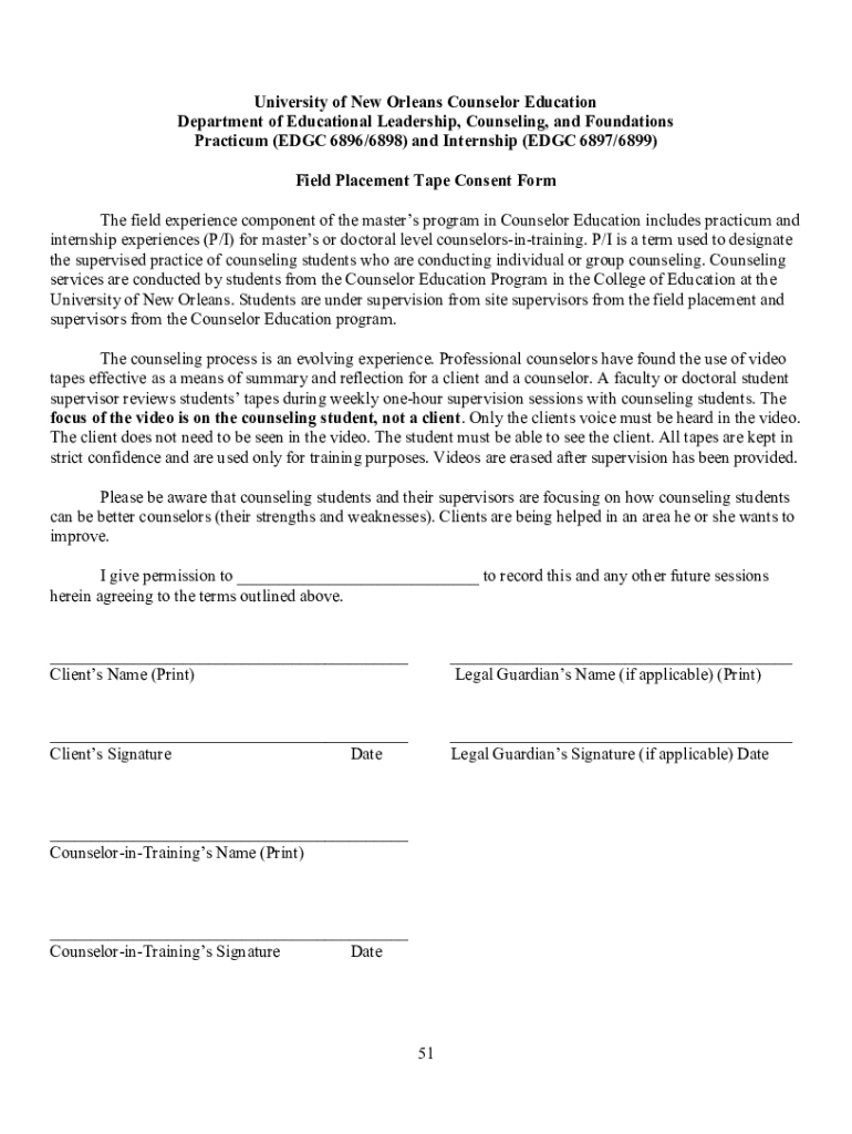 Fillable Online Practicum and Internship Field Placement Tape Consent ...