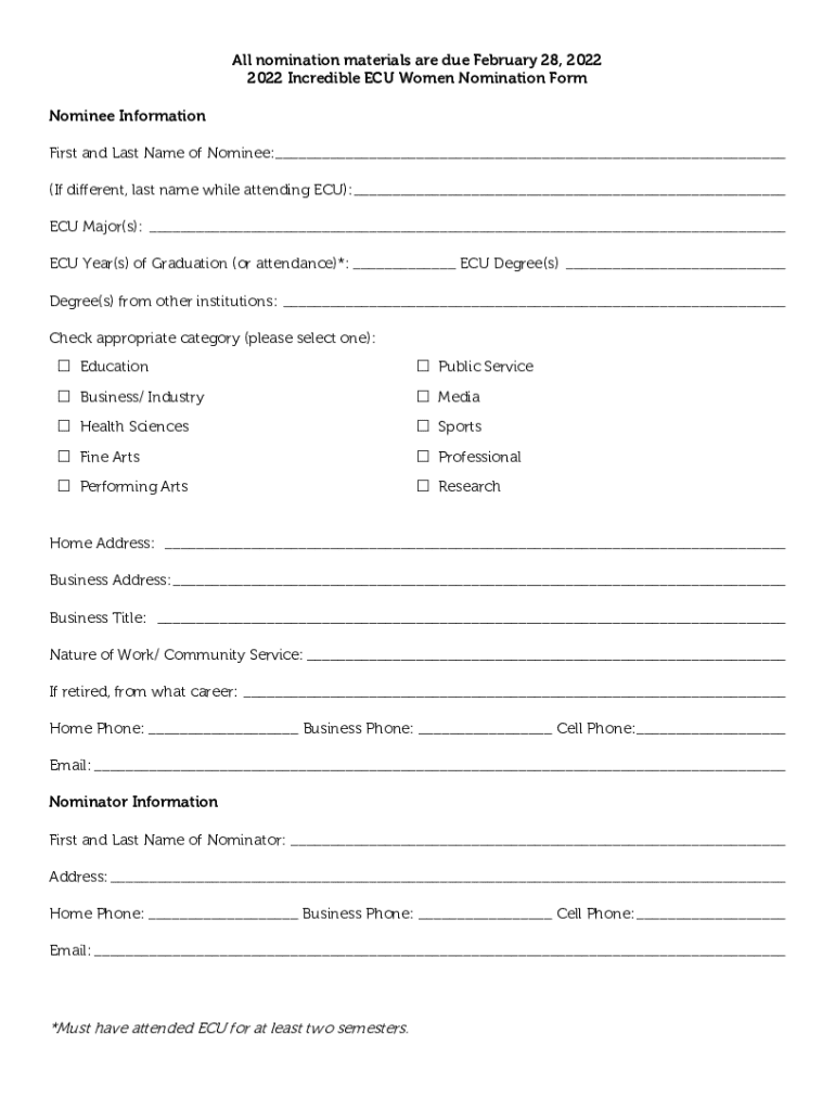 Fillable Online 2022 Incredible Ecu Women Nomination Fax Email Print - pdfFiller