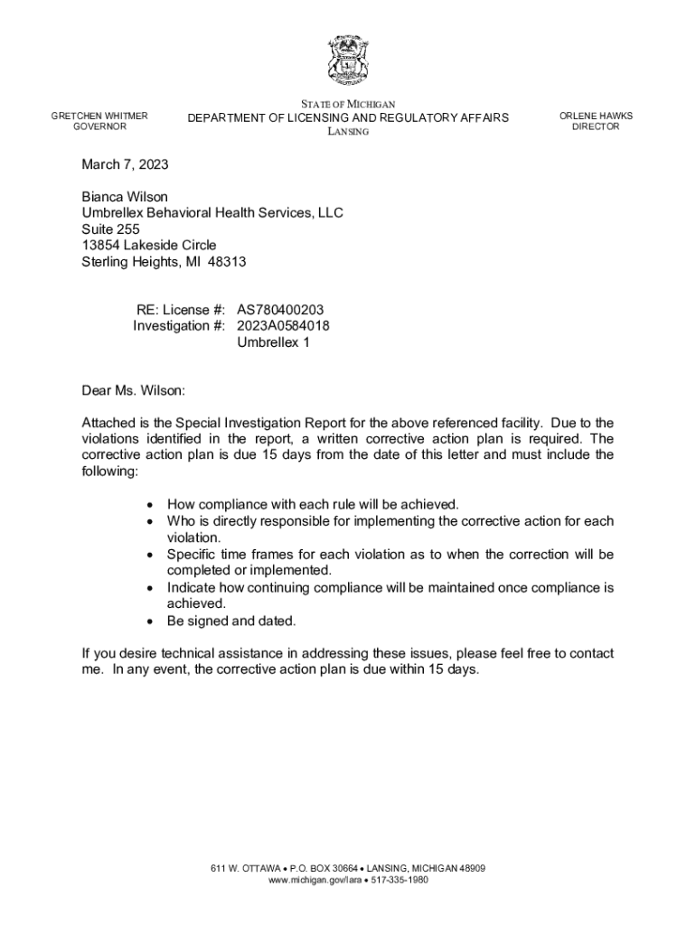Fillable Online Special Investigation Report for Umbrellex Behavioral ...