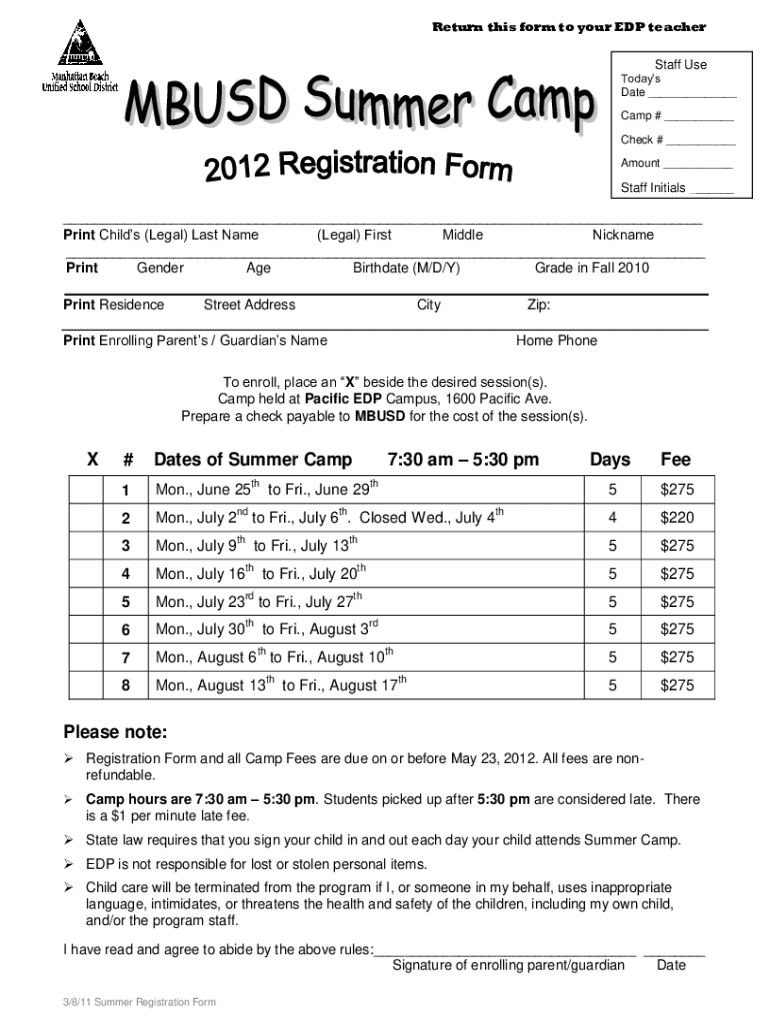 Fillable Online Summer Camp Enrollment Form Fax Email Print - pdfFiller