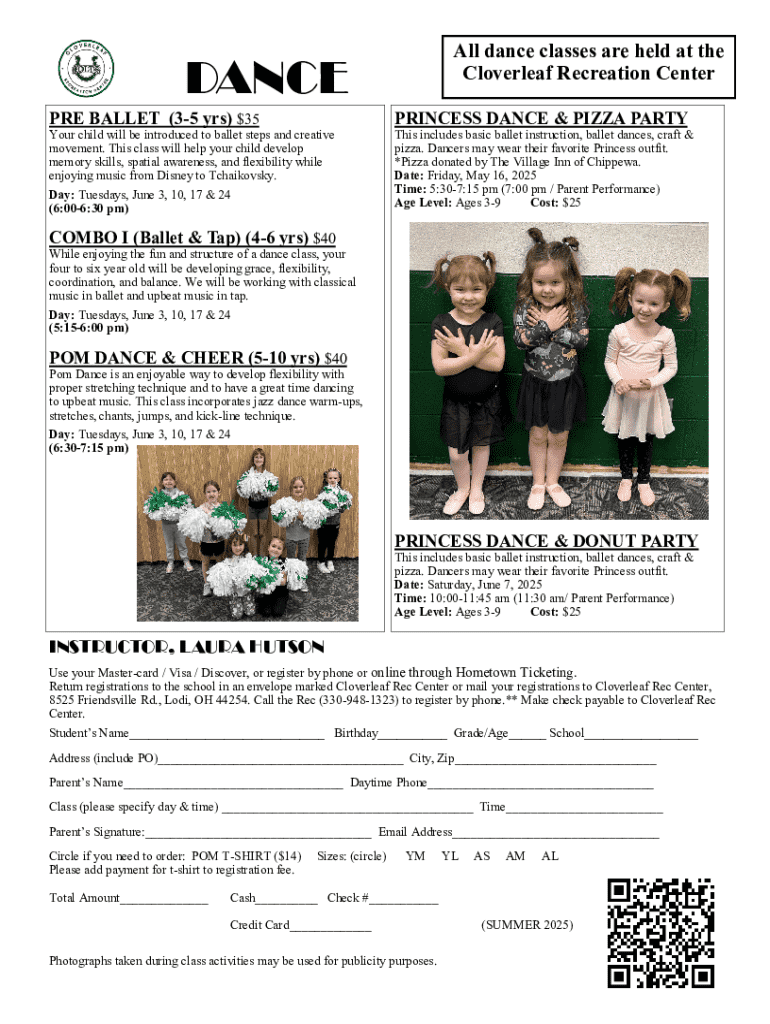 Fillable Online Cloverleaf Recreation Center Dance Classes Registration ...