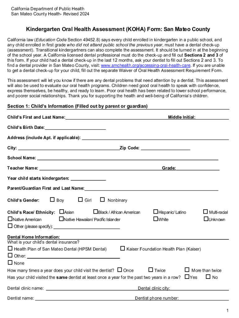 Fillable Online Kindergarten Oral Health Assessment for San Mateo ...