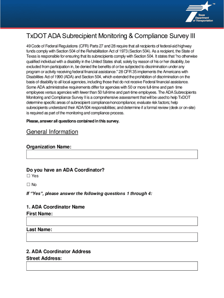 Txdot Ada Subrecipient Monitoring and Compliance Survey Iii: Fill out & sign online | DocHub