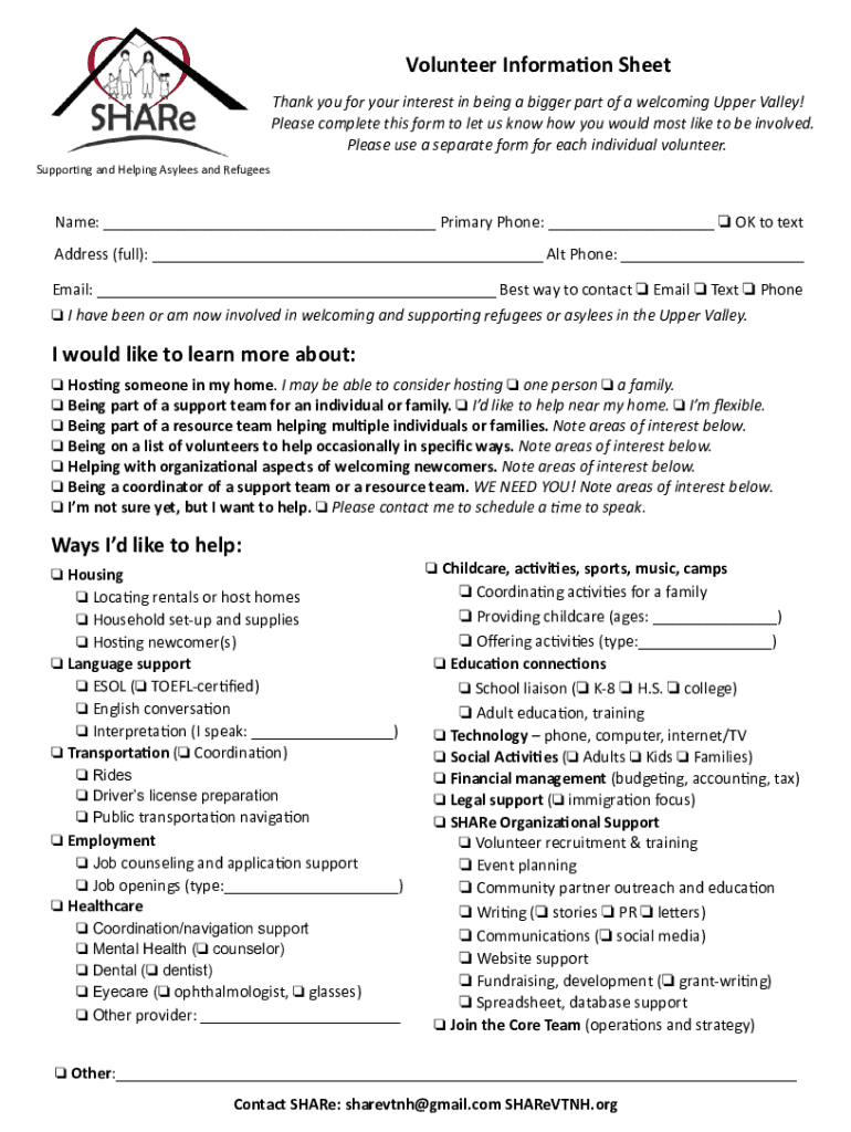 Fillable Online Volunteer Information Sheet for Refugee Support Fax ...