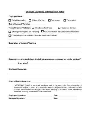 Fillable Online Employee Counseling and Disciplinary Notice Fax Email ...