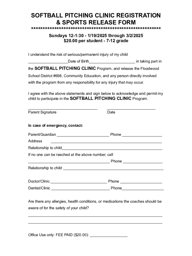 Fillable Online Softball Pitching Clinic Registration Fax Email Print ...