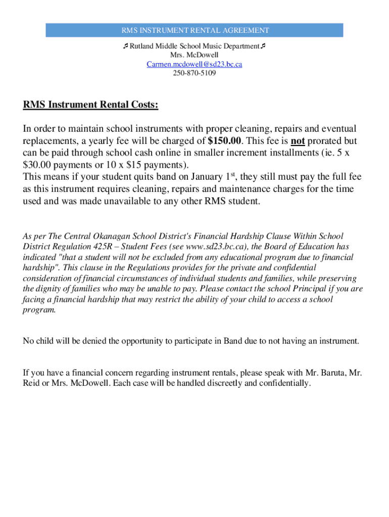 Fillable Online Rutland Middle School Instrument Rental Agreement Fax ...