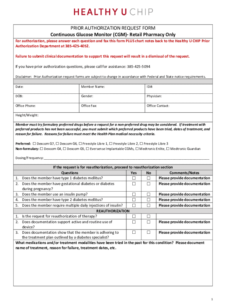 Fillable Online Continuous Glucose Monitor (cgm) - Retail Pharmacy Only Fax Email Print - pdfFiller