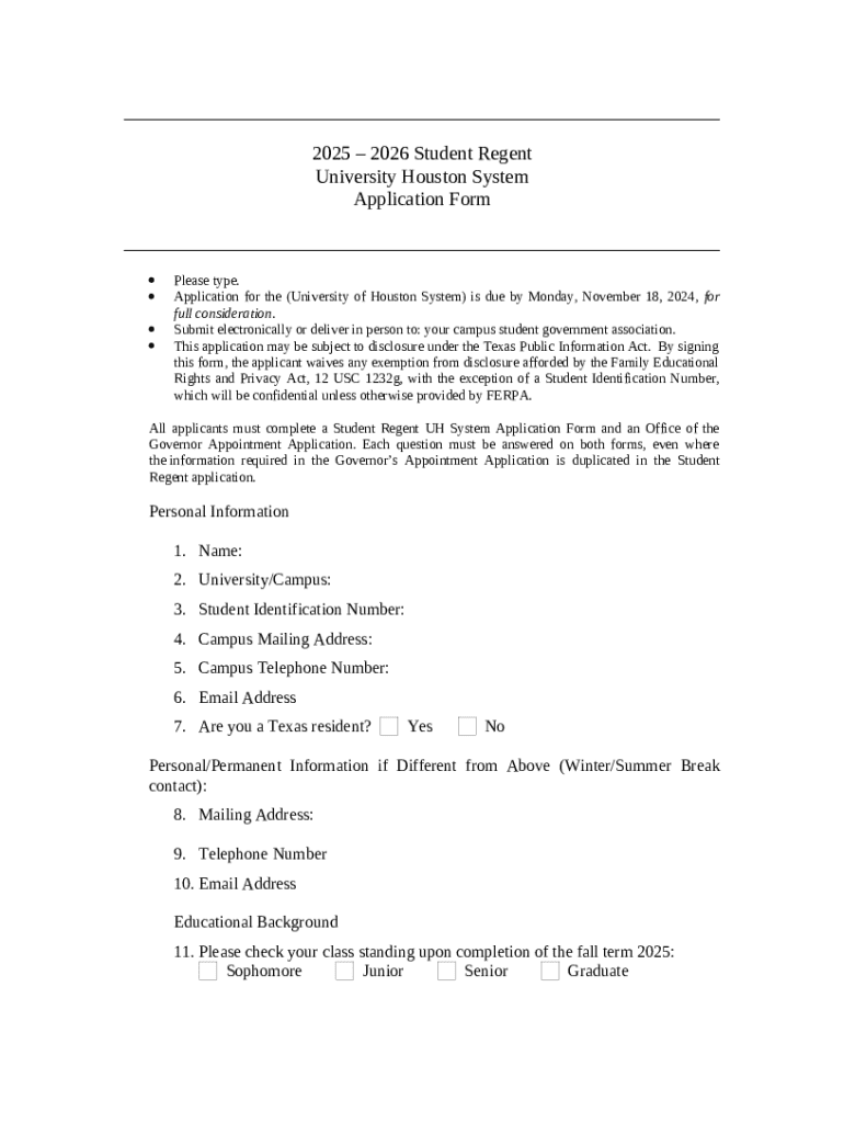 2025 - 2026 Student Regent Application Doc Template | pdfFiller