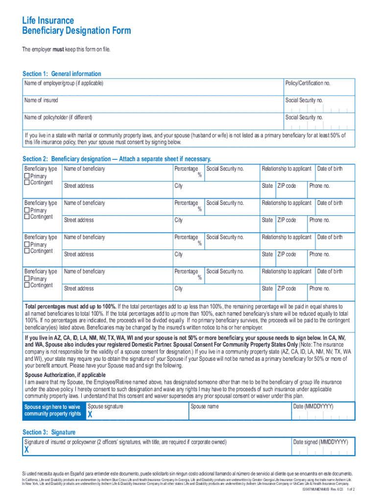 Fillable Online Life Insurance Beneficiary Designation Form Fax Email ...