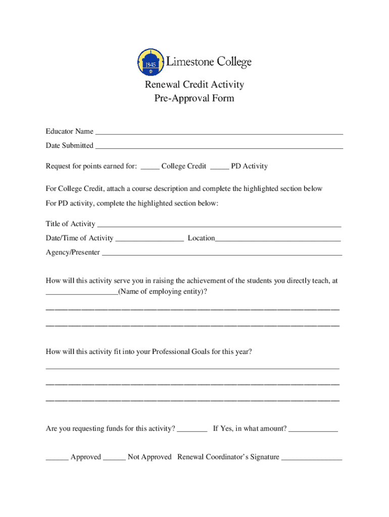 Fillable Online Renewal Credit Activity Pre-approval Form Fax Email ...