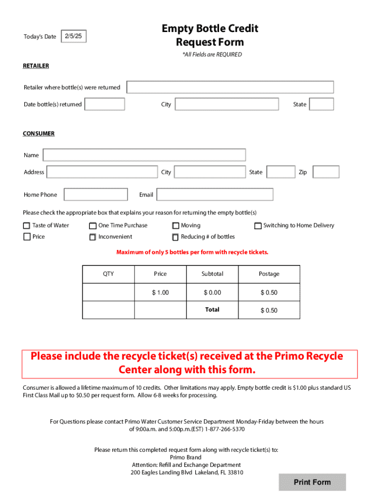 Fillable Online Empty Bottle Credit Request Form Fax Email Print ...