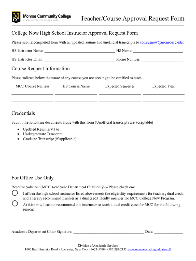 Fillable Online College Now High School Instructor Approval Request ...