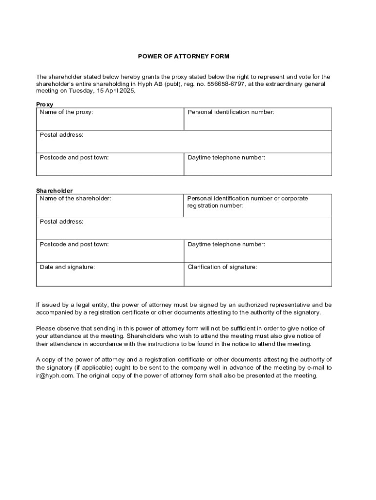 Fillable Online Power of Attorney Form for Shareholder Proxy Fax Email ...