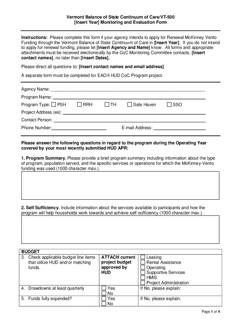 Fillable Online Vermont Balance of State Continuum of Care Monitoring ...