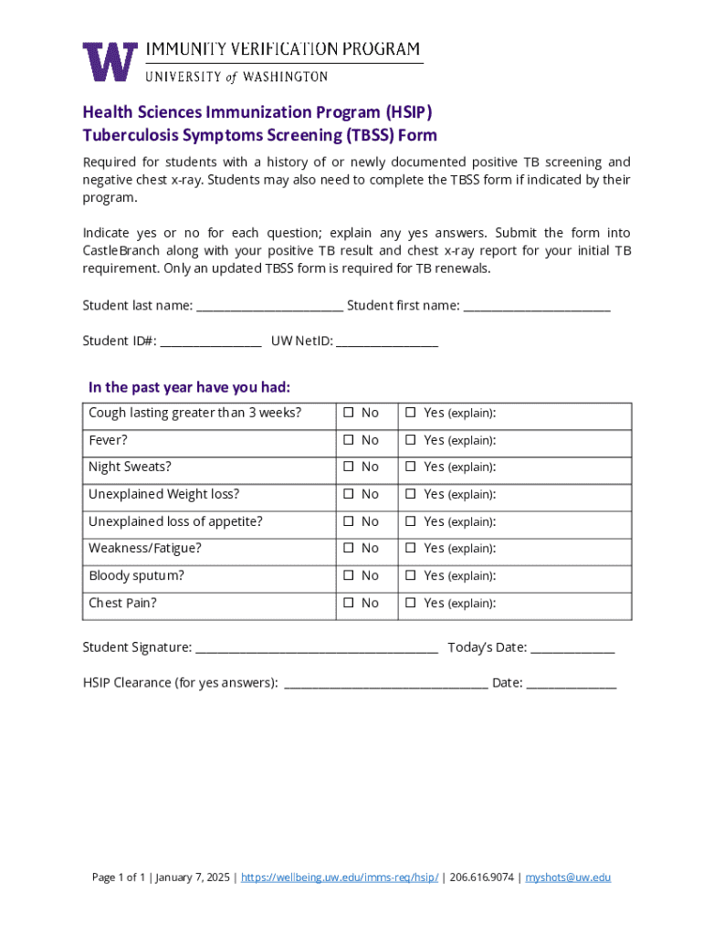 Fillable Online Tuberculosis Symptoms Screening (tbss) Form Fax Email ...