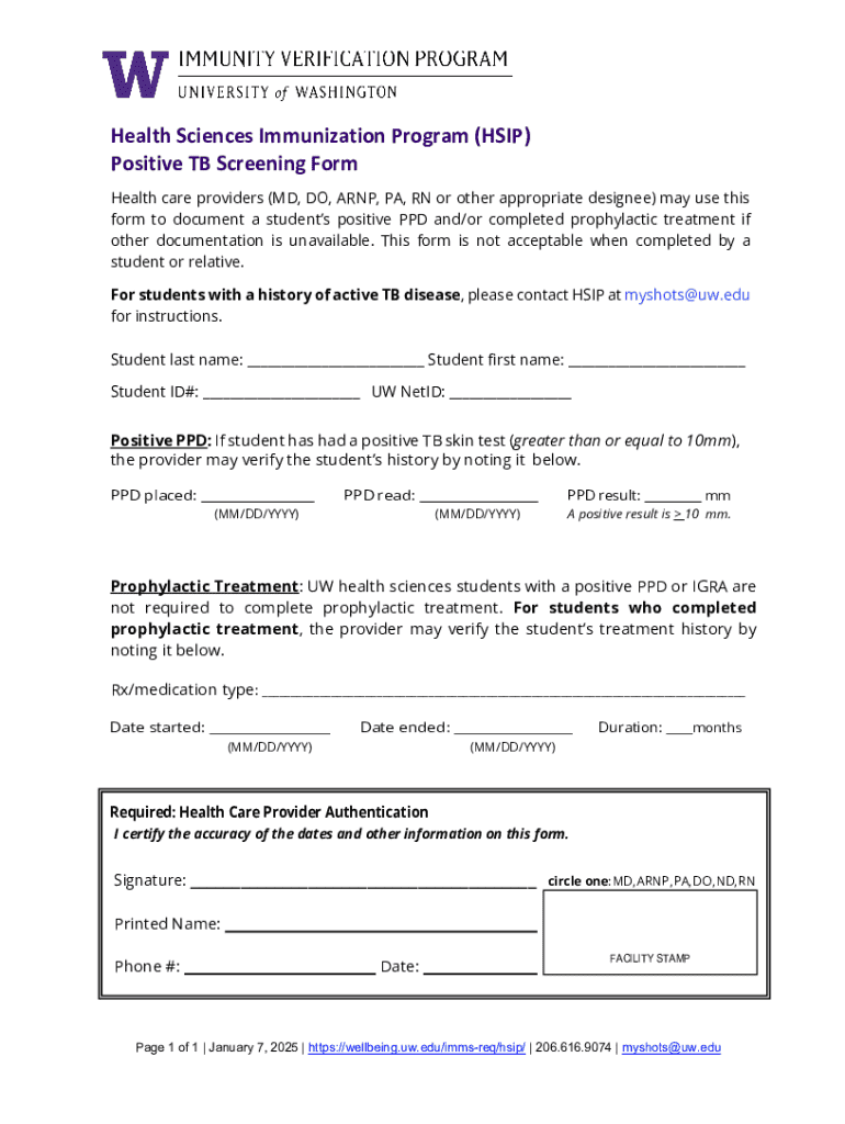 Fillable Online Health Sciences Immunization Program (hsip) Positive Tb ...