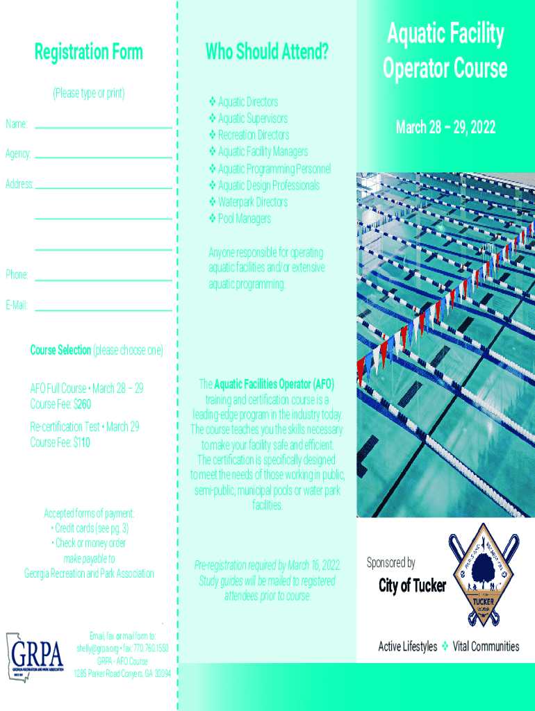Fillable Online Aquatic Facility Operator Course Registration Fax Email Print - pdfFiller