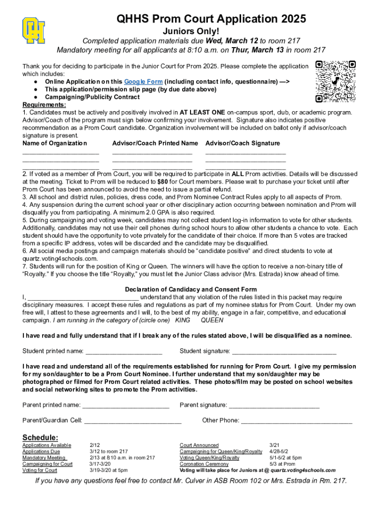 Fillable Online Qhhs Prom Court Nomination Application Fax Email Print - pdfFiller