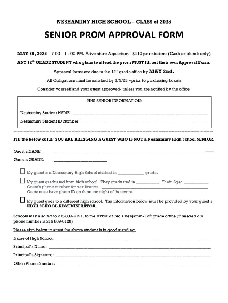 Fillable Online Neshaminy High School Senior Prom Approval Form Fax Email Print - pdfFiller