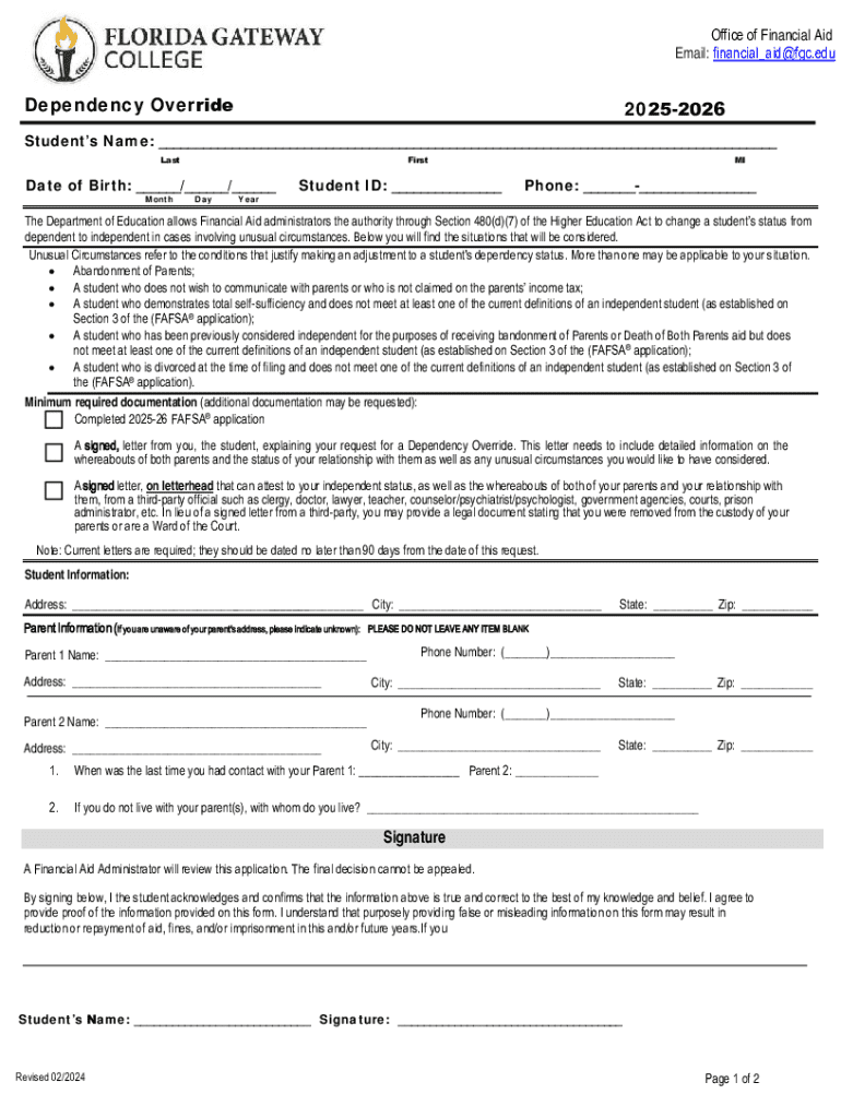 Fillable Online Dependency Override Request for Financial Aid Fax Email ...