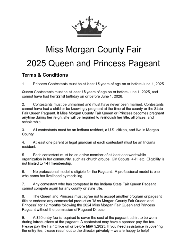 Fillable Online Terms & Conditions for Miss Morgan County Fair Queen ...
