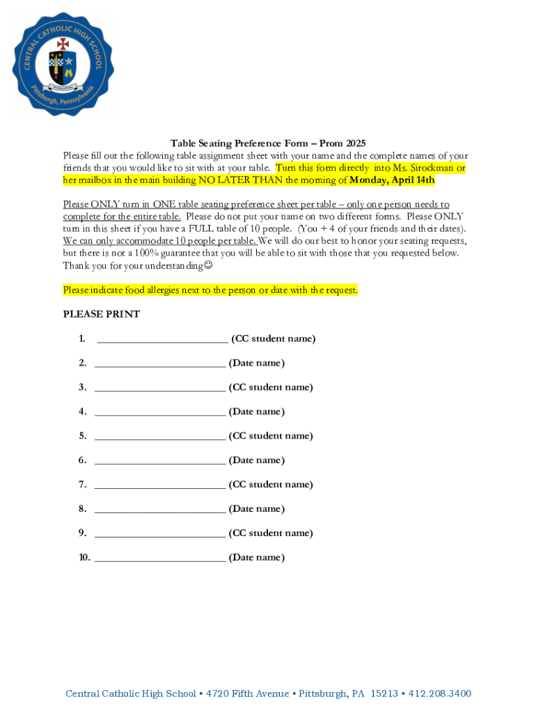 Fillable Online Prom 2025 Table Seating Preference Form Fax Email Print ...