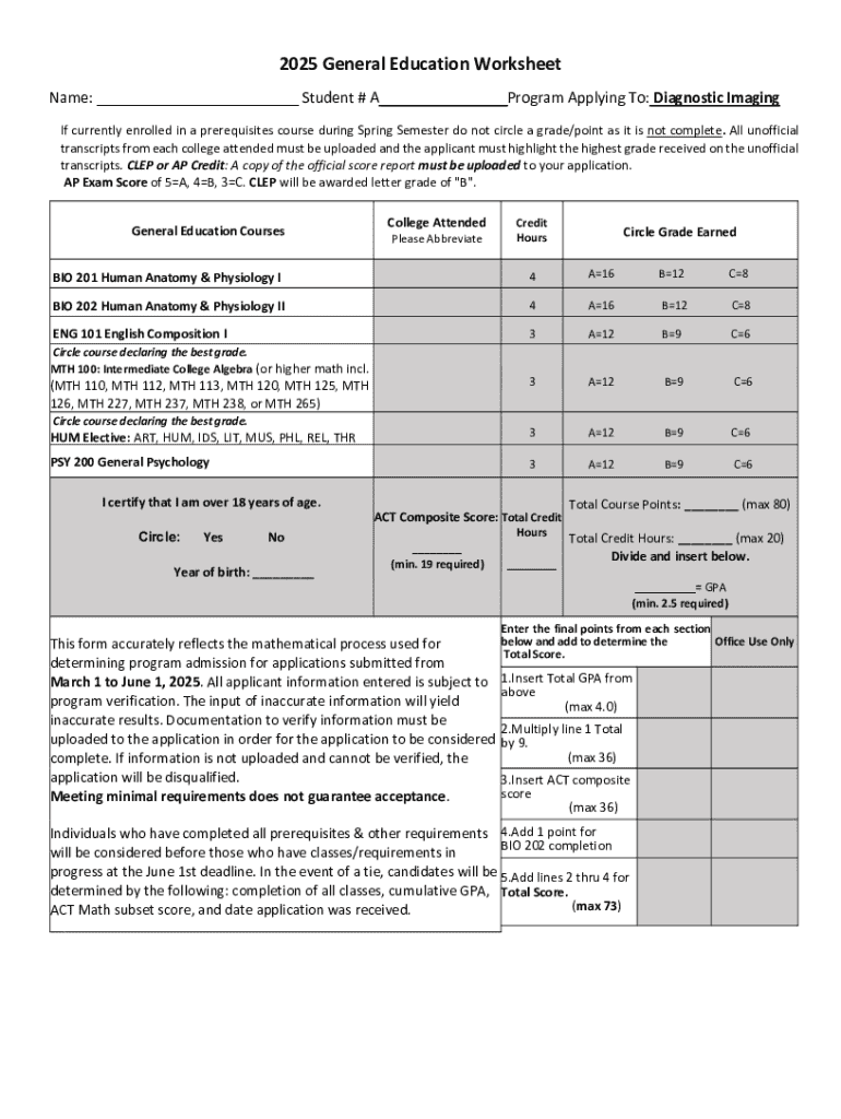 Fillable Online 2025 General Education Worksheet for Diagnostic Imaging ...