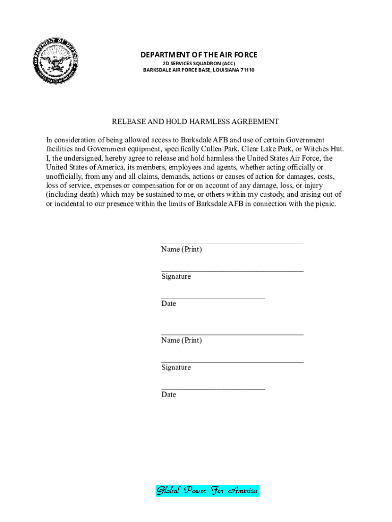 Fillable Online Release and Hold Harmless Agreement for Access to Barksdale Afb Fax Email Print ...