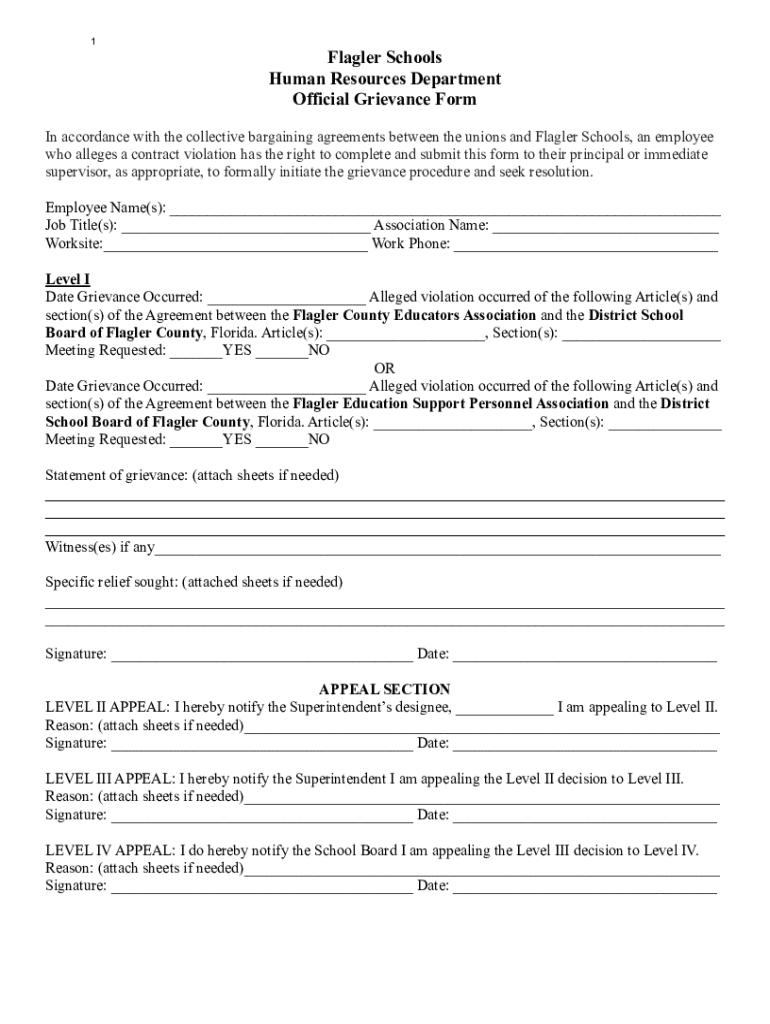 Fillable Online Grievance Submission Form for Flagler Schools Fax Email ...
