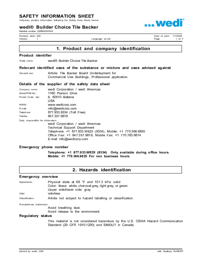 Fillable Online Safety Information Sheet for Wedi® Builder Choice Tile ...