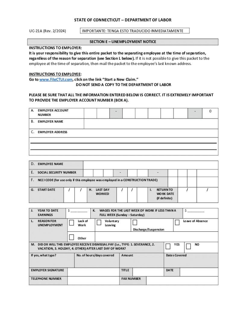Connecticut Unemployment Notice Form UC-21A - Blank Fillable Template ...