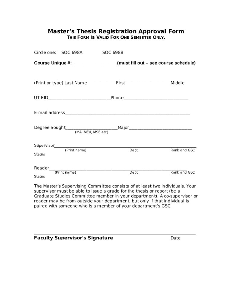 Master's Thesis Registration Approval Doc Template | pdfFiller