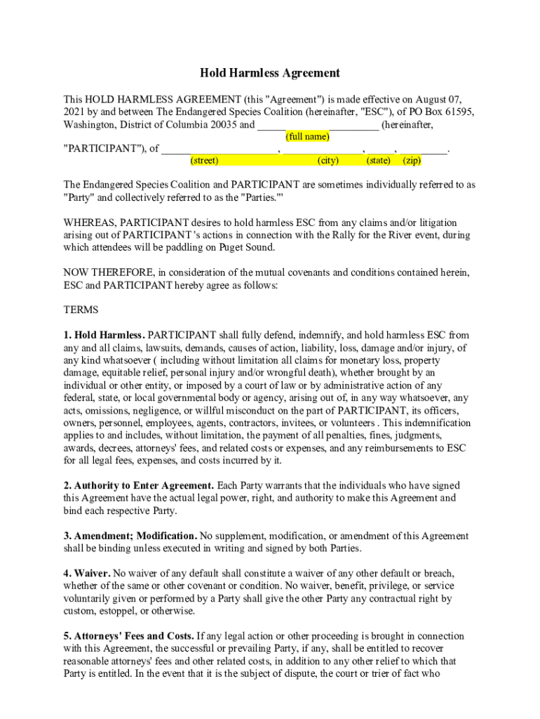 Fillable Online Hold Harmless Agreement for Rally for the River Event ...