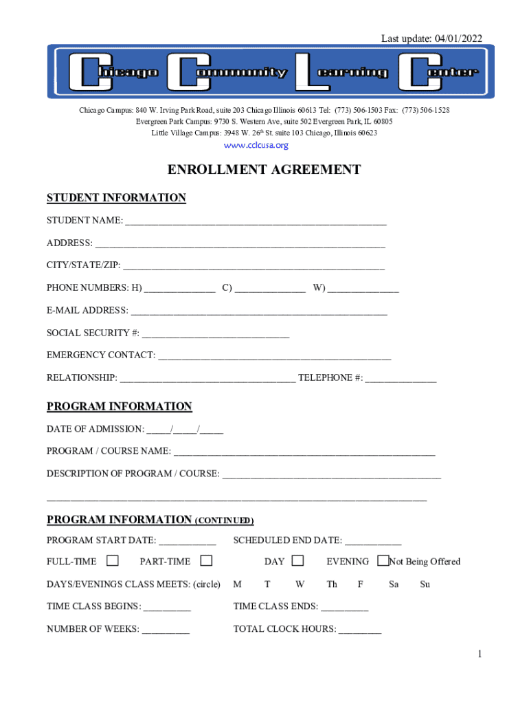 Fillable Online Chicago Community Learning Center Enrollment Agreement ...
