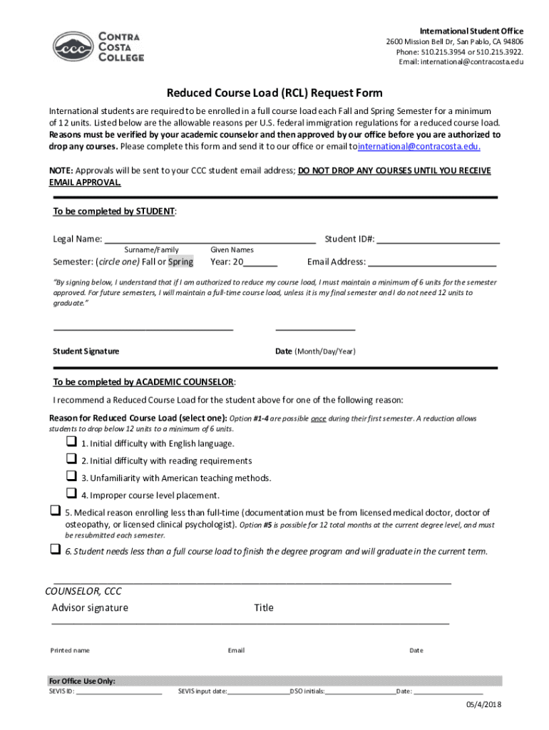 Fillable Online Reduced Course Load Request Form for International ...