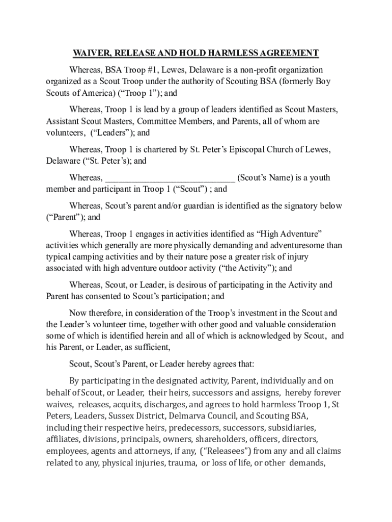 Fillable Online Waiver, Release and Hold Harmless Agreement Fax Email ...