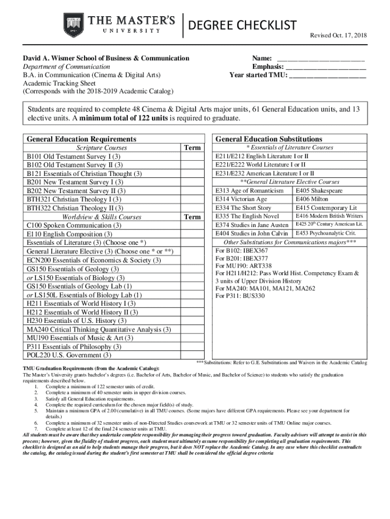 Fillable Online B.a. in Communication (cinema & Digital Arts) Degree ...