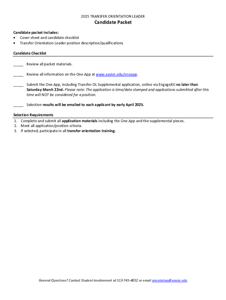 Fillable Online Transfer Orientation Leader Candidate Packet Fax Email Print - pdfFiller
