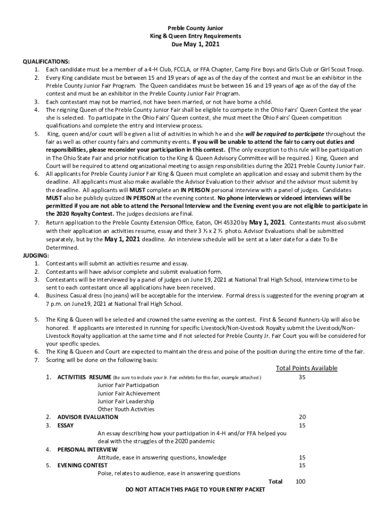 Fillable Online Junior Fair King and Queen Contest Entry Fax Email ...