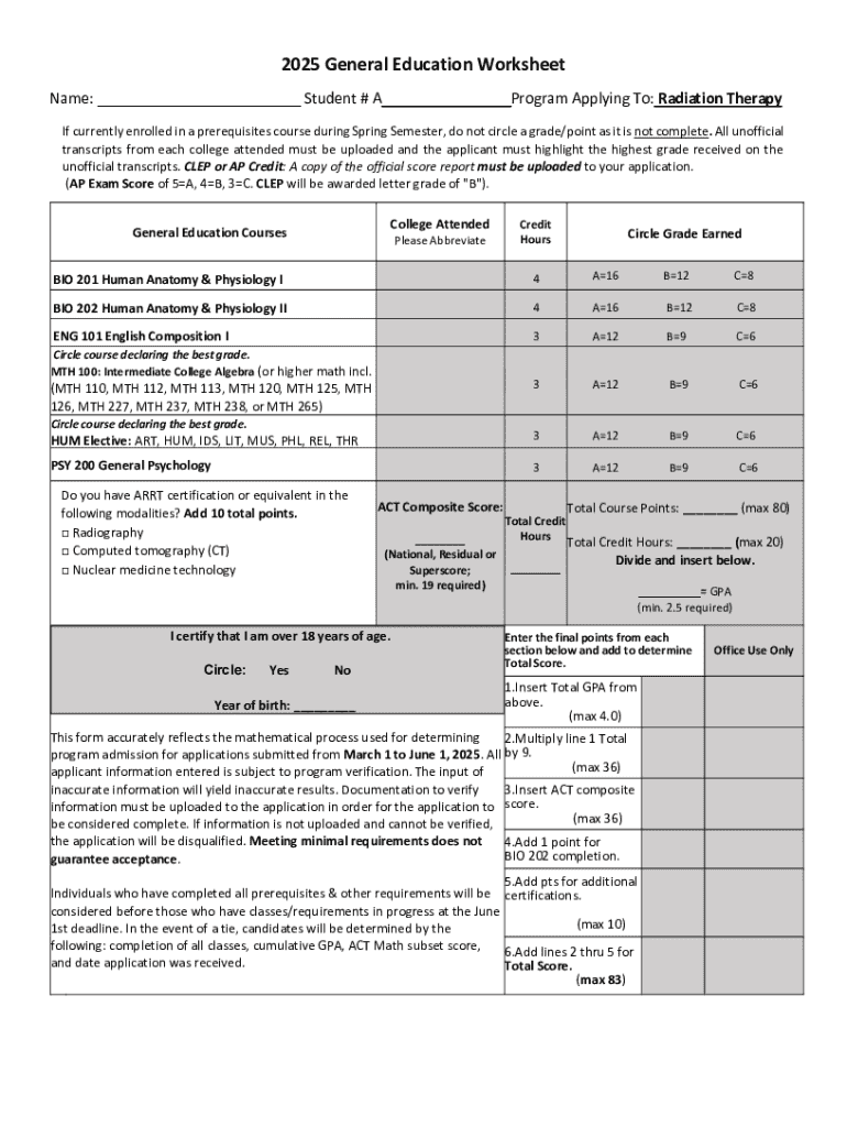 Fillable Online General Education Worksheet for Radiation Therapy ...