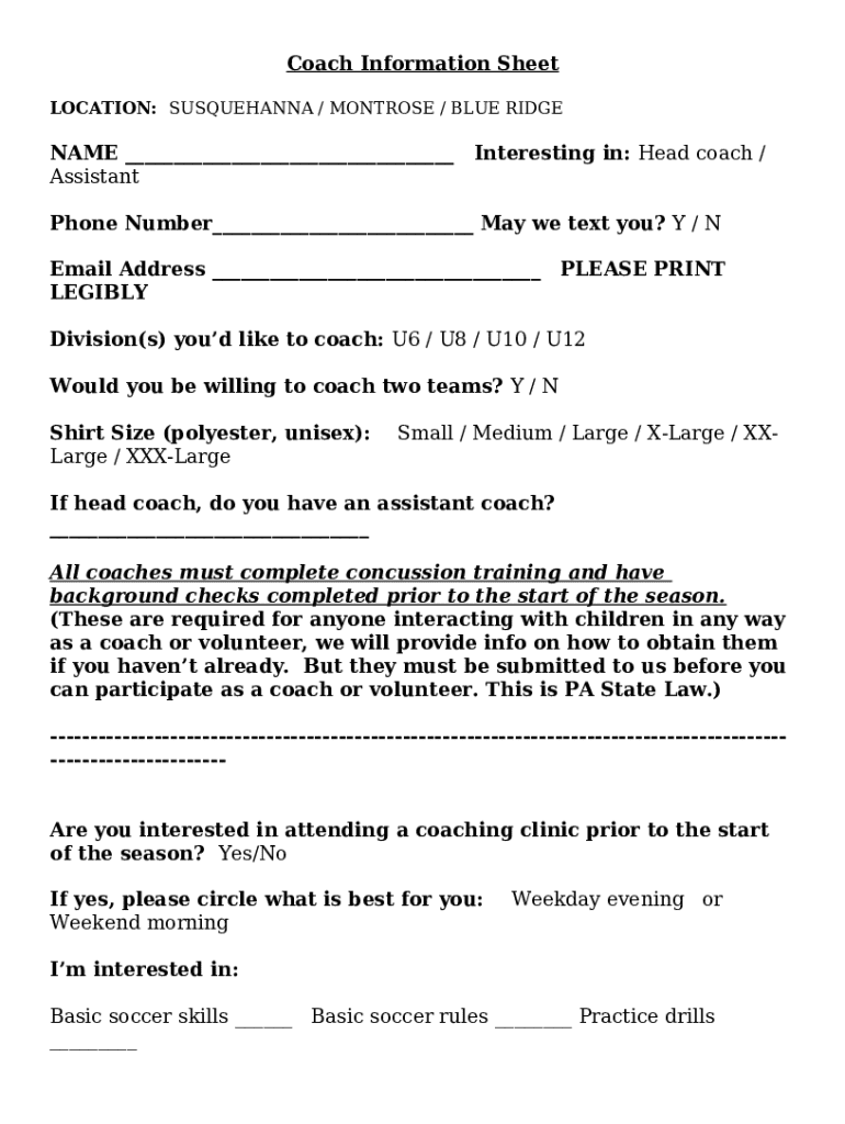 Coach Ination Sheet Doc Template | pdfFiller