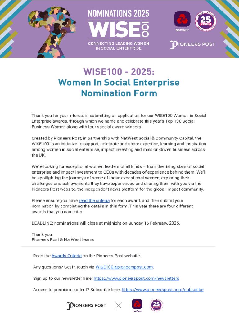 Fillable Online Wise100 Women in Social Enterprise Nomination Form Fax ...